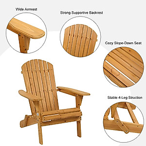 VINGLI Folding Wooden Adirondack Chair Set of 2 and Table Set, Fire Pit Seating Ergonomic Design, Folding Outdoor Patio Lounger Armchair Lawn Chairs Furniture w/Natural Finish, for Beach, Balcony