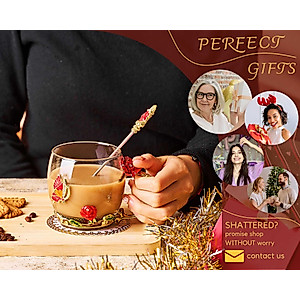 ColoVie Glass Tea Cups Set with Spoon, Coaster- 3D Red Flower Butterfly Coffee Mugs- Lead-Free Glass Coffee Cups- Best Birthday Gifts for Her, Women, Mom- Enamels Mug- Mothers Day Gifts from Daughter