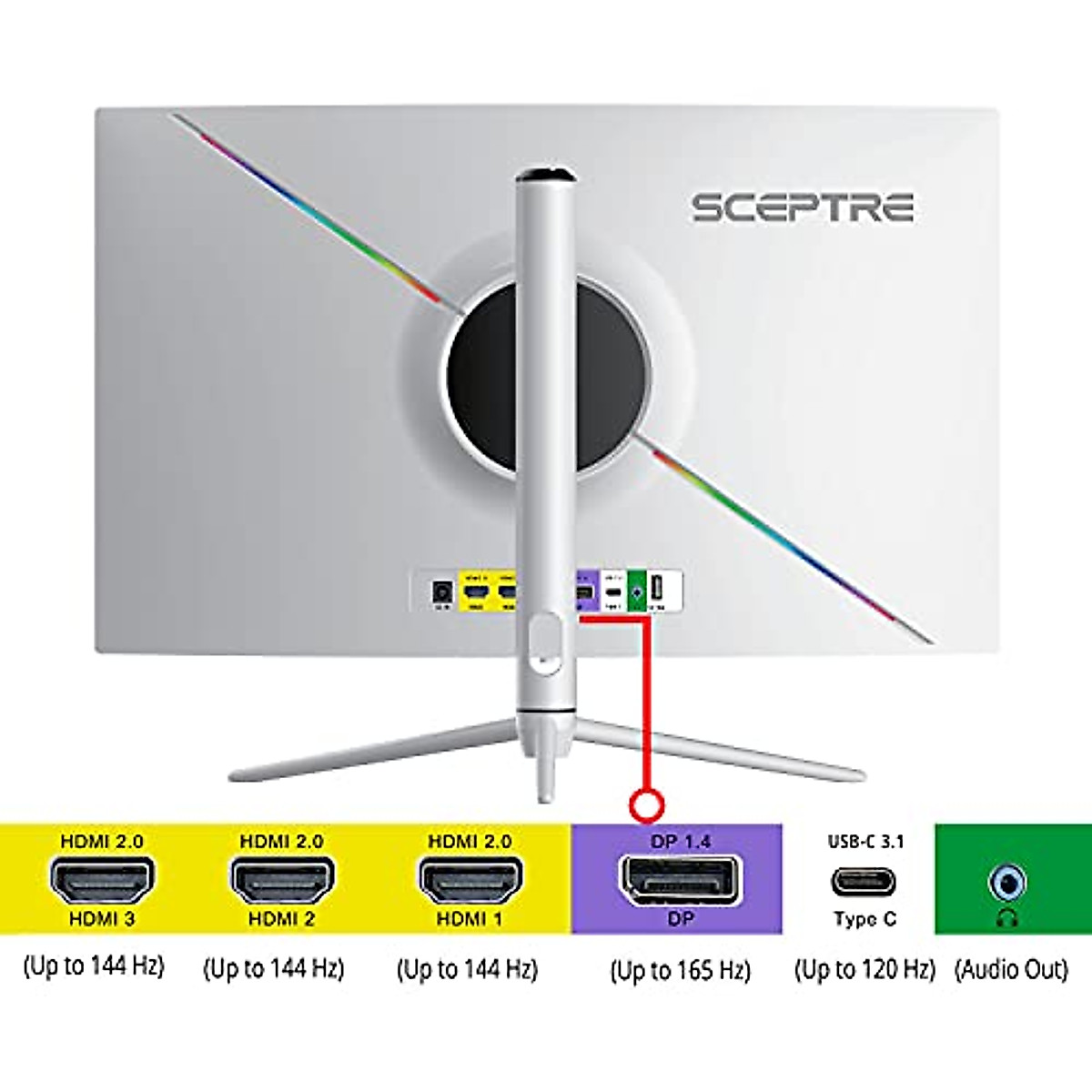 Sceptre 27" Curved Nebula White QHD 2K Monitor 2560 x 1440p up to 165Hz 1ms HDR1000 99% sRGB Ambient Light Sensor Luminous Backcover Lights Height Adjustable Build-in Speakers (C275B-QWN168W)