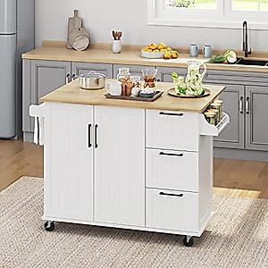 Yaheetech Kitchen Cart with Drop-Leaf Countertop, Kitchen Island on 5 Universal Wheels with Storage Cabinet and 3 Drawers for Dinning Room, L53xW18xH36 in, White