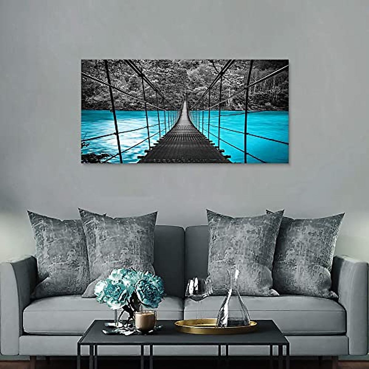 Bridge River Canvas Wall Art: Teal Blue Picture Lake Decor Painting Turquoise Decoration Artwork For Bedroom Living Room 48"x24"