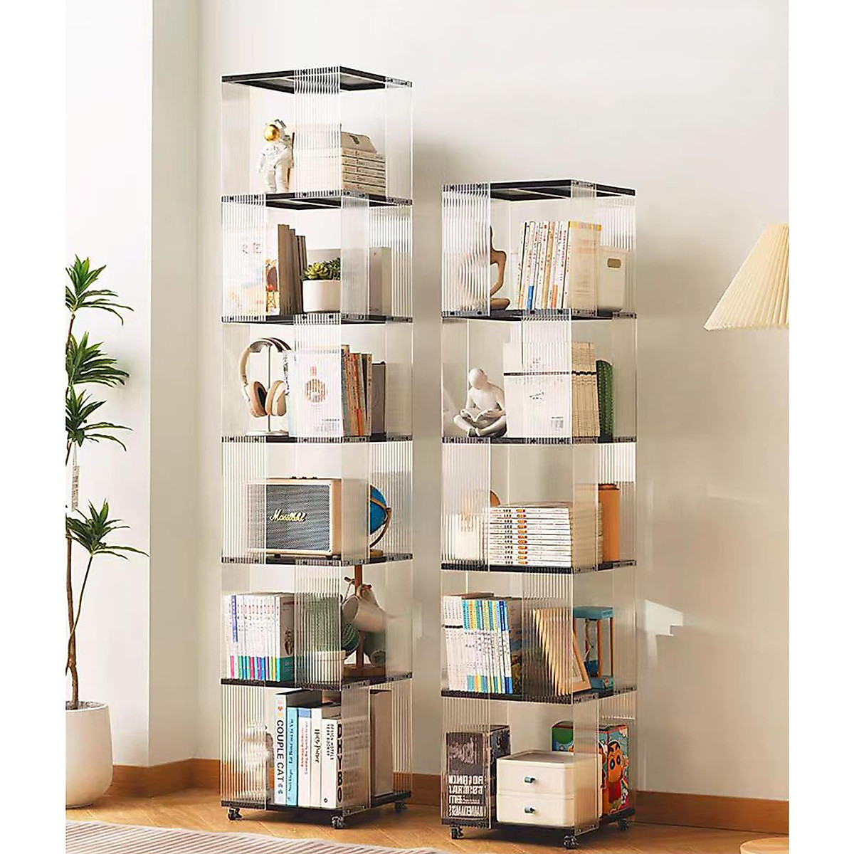 5 Tier Rotating Bookshelf, Clear Bookcase, Modern Storage Organizer Book Case for Bedroom Living Room Home Office, 360 Display Spinning Bookshelf Floor Standing Book Shelf (5 Tier - Natural)