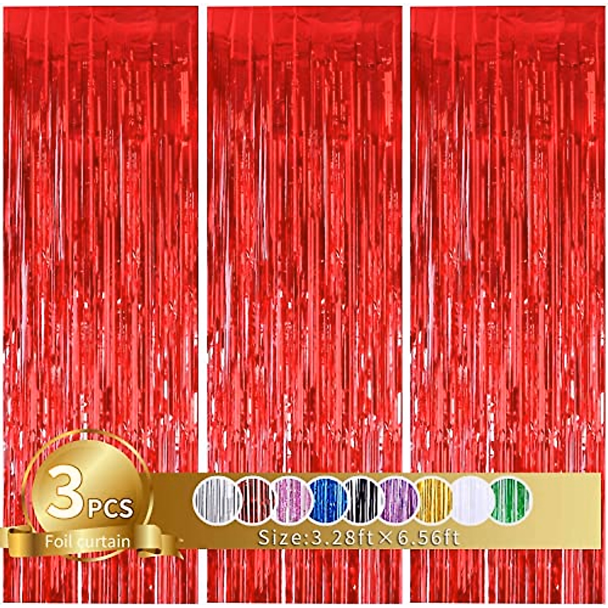 3Pcs Red Metallic Tinsel Foil Fringe Curtains,3.28ft x 6.56ft Photo Booth Props.Glitter String Backdrop Streamers for Door Wall Tassle Curtains Background Birthday, Christmas Party Decorations