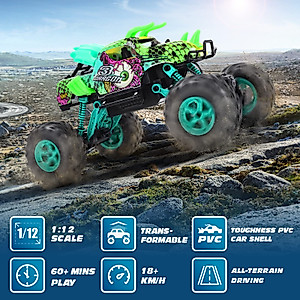 Holyton Remote Control Cars, 1:12 Large Scale Dinosaur Monster RC Trucks, 4WD Liftable Chassis Off Road Rock Crawler for Kids, 2 Batteries for 60+ Minutes Play, RC Car Toys Gift for Boy & Girls