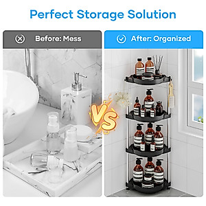 MOSAMNI Corner Shower Caddy Standing, 4-Tiers Rotating Shower Organizer Shelves Stand with Hooks, Large Floor Shower Shelf Bath Holder Rack Storage for Home Bathroom Kitchen Decor, Black