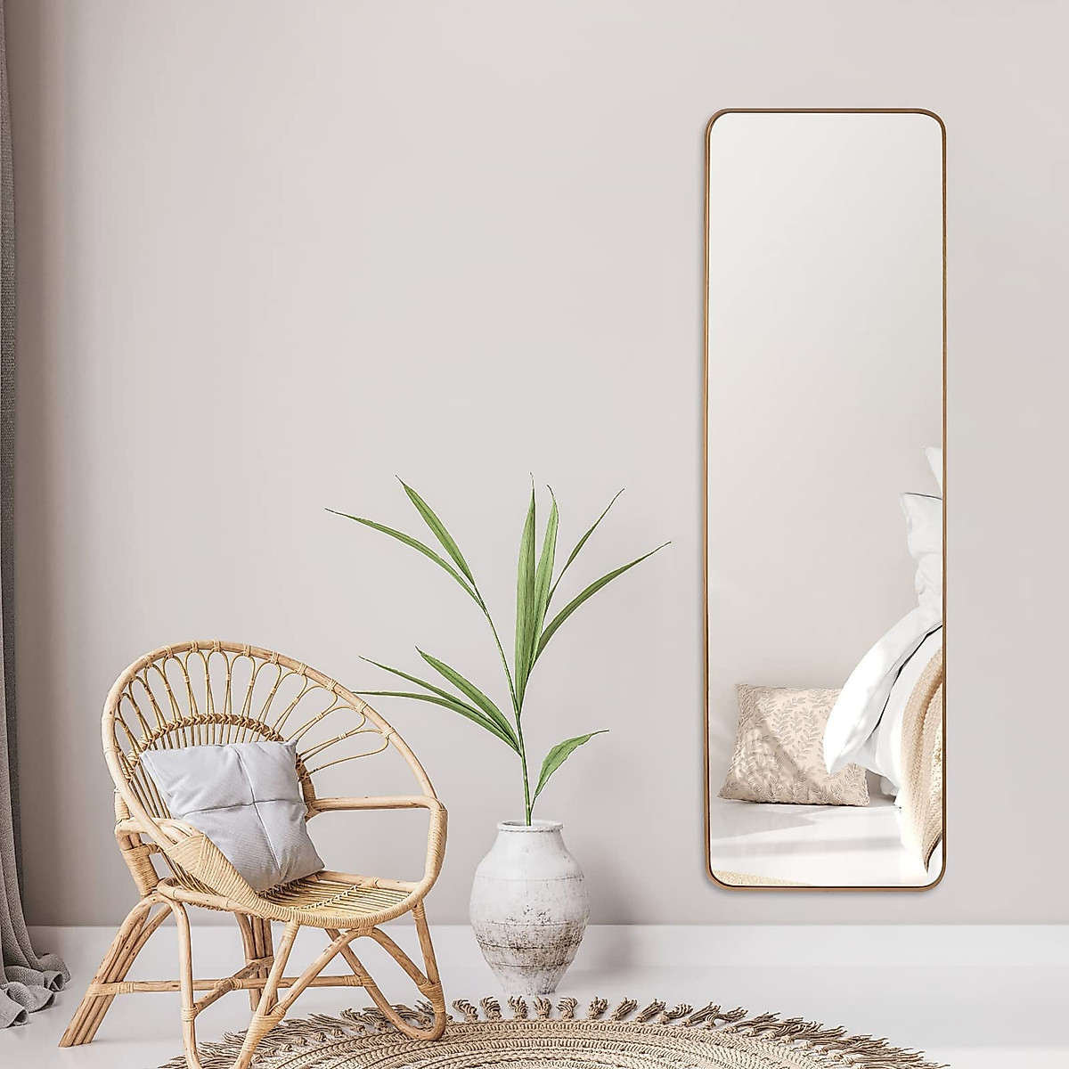 PHAREGE Brass Gold Full Length Mirror with Stand, 60x18 inch Full Body Size Standing Mirror for Bedroom Floor, Anti-Slip Bottom