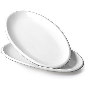 DOWAN 14" White Serving Platters for Entertaining, Oval Serving Plates, Party Serving Trays and Platters Oven Safe, Porcelain Dinner Serving Tray Serving Dishes for Meat, Set of 2