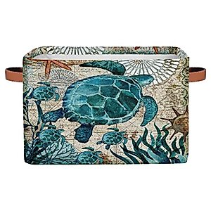 Ocean Turtle Rectangular Storage Bin, Sea Turtle Storage Basket with Handles, Toy Bins, Laundry Hamper, Books Clothes Bag, Gift Baskets for Nursery Home Closet