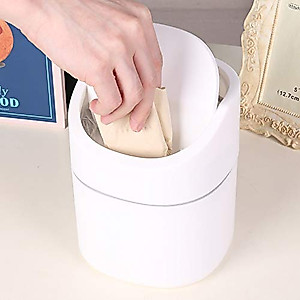 Sheebo Modern Plastic Mini Trash Can with Lid Wastebasket for Bathroom Vanity, Desktop, Tabletop or Coffee Table - Dispose of Cotton Rounds, Makeup Sponges, Tissues; 2 Liter (Square Swing - White)