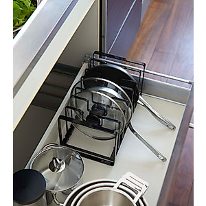 YAMAZAKI Home Tower Under Sink Pot Lids And Frying Pan Storage Kitchen Drawer Organizer Rack - Steel