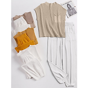 ANRABESS Women's Two Piece Outfits Knit Sweater Vest Crop Top Pants Lounge Matching Tracksuit Sweatsuit Travel Clothes Sets Khaki White Small