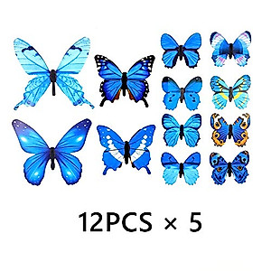 60PCS Butterfly Wall Decals - 3D Butterflies Decor for Wall Removable Mural Stickers Home Decoration Kids Room Bedroom Decor (Blue)