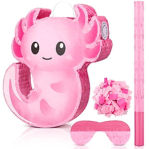 Leyndo Pink Axolotl Piñata for Birthday Party Pink Piñata with Stick Blindfold Confetti for adults Gift Halloween Party Decoration, Baby Shower, Axolotl Party Supplies, 15.7 x 11.8 Inch