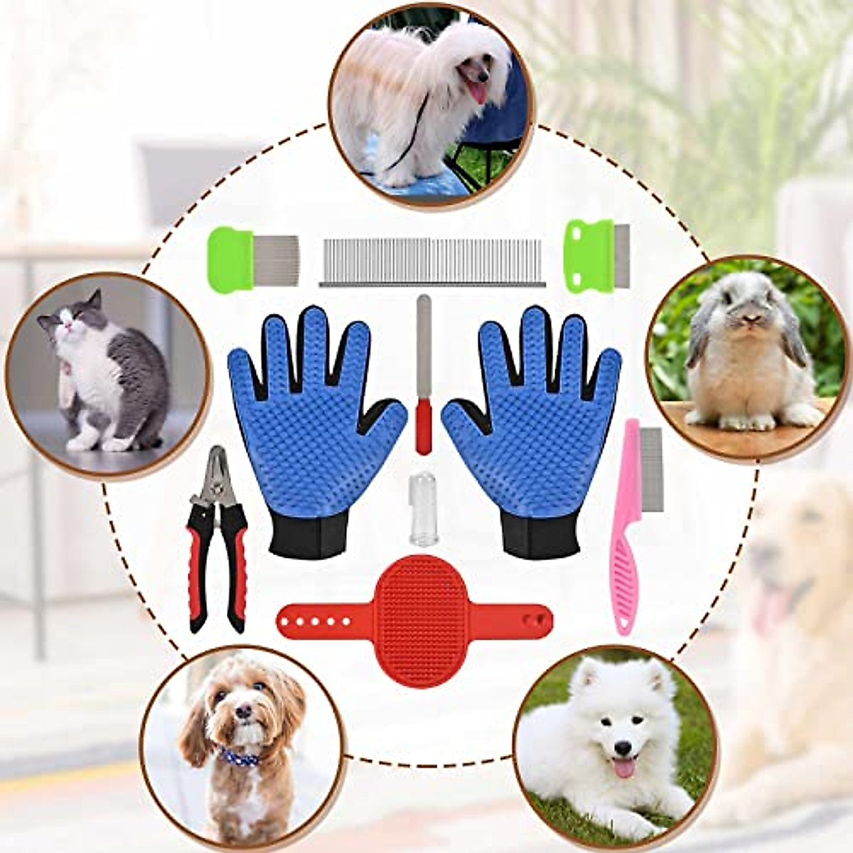 10 Pieces Pet Grooming Brush and Combs Set, Pet Grooming Gloves, 2-in-1 Steel Combs for Dogs and Cats, Metal Flea Comb for Cats, Dog Nail Trimmer, Dog Finger Toothbrush