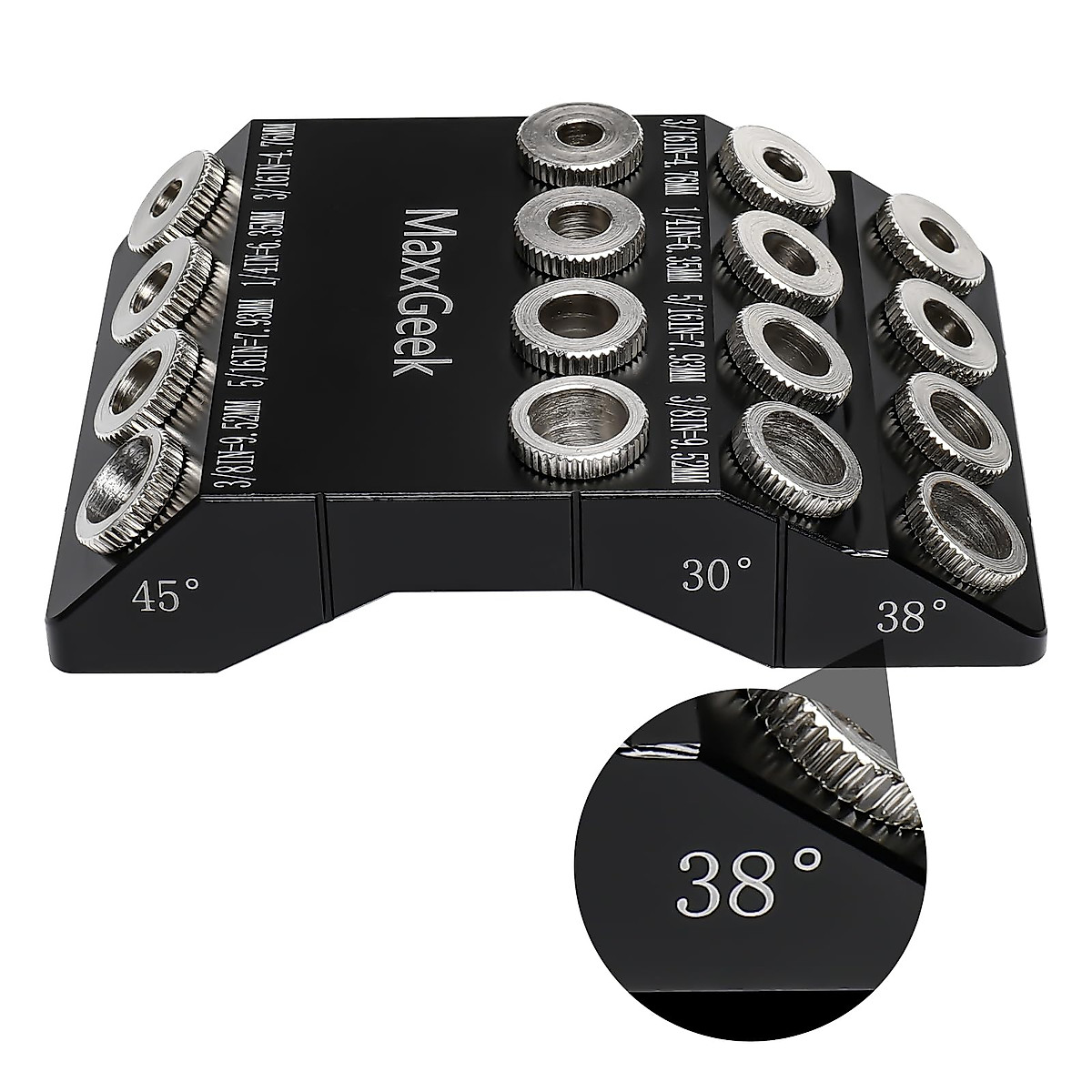 MaxxGeek Drill Guide for 30 38 45 90 Degree Angled and Straight Holes, Added 38 Degree Portable Drill Guide for Deck Stair Handrail and Horizontal Cable Wood Post （Without Drill Bit）