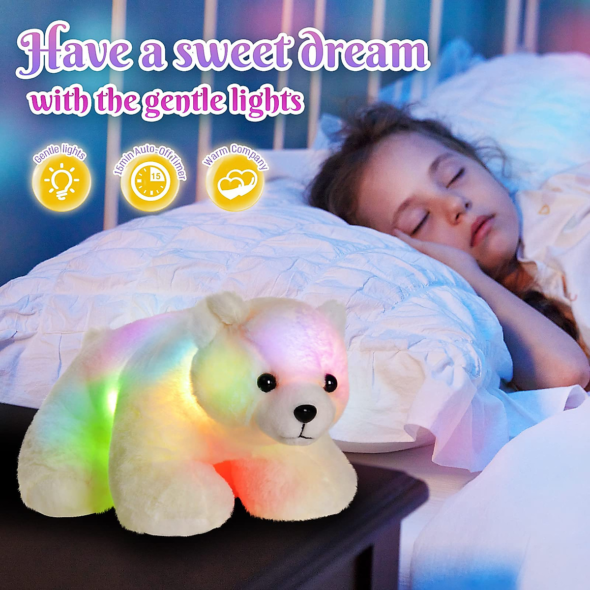 BSTAOFY Light up Polar Bear Stuffed Animal LED Night Light Soft Plush Toy Glow Gift for Kids on Christmas Birthday Valentine's Day, 11'', White