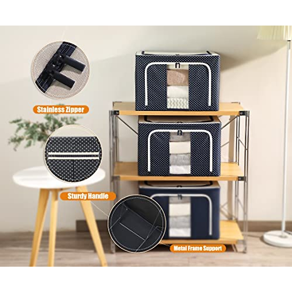 Furnhome Clothes Storage Organizer Bins Containers , Foldable Stackable Storage Bins-Oxford Cloth Steel Frame Storage Box for Clothing Storage with Foldable Clear Window & Reinforced Handles (Navy Dots, 66L, 3PCS)…