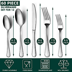 BEWOS 60-Piece Silverware Set, Stainless Steel Silverware Sets for 12, Forks Spoons and Knives Set, Cutlery Set, Mirror Polished Flatware Set, Dishwasher Safe Kitchen Utensils Set for Home, Restaurant