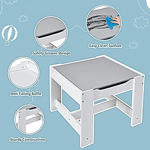 Costzon Kids Table and Chair Set, 3 in 1 Wooden Activity Table with Storage Drawer, Detachable Tabletop for Children Drawing Reading Art Craft, Playroom, Nursery, Toddler Table and Chair Set, Gray