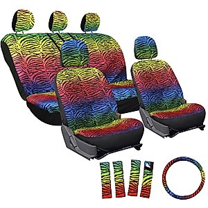 OxGord 17pc Set Zebra Animal Print Auto Seat Covers Set - Front Low Back Buckets - Rear Split Bench - Rainbow