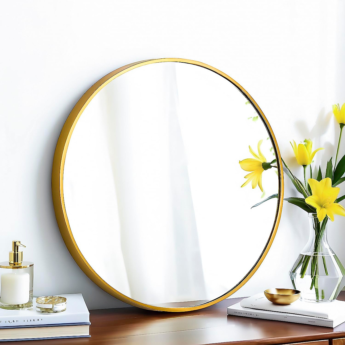 SCWF-GZ 20" Round Mirror Circle Wall Mounted Hanging or Against Wall Metal Frame Dressing Make-up Mirrors for Entryway Bedroom Bathroom Living Room 20 inch Gold
