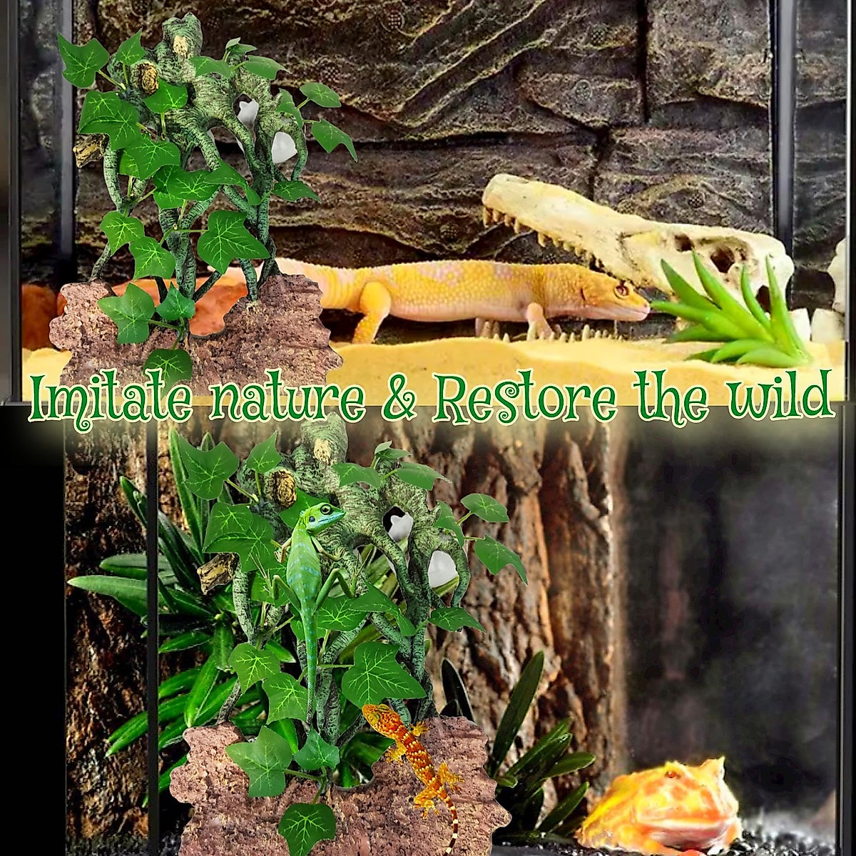 Hamiledyi Reptile Climbing Branch Leaves with Suction Cups Terrarium Plant Decoration Tank Accessories for Amphibian Lizard Bearded Dragons Gecko Snake