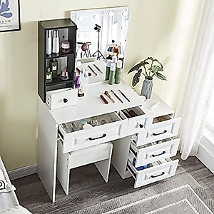 JBLCC Makeup Vanity with Lights Mirror, Makeup Table Set Vanity Mirror with Lights, Vanity Desk with Storage Shelves, Drawers, Modern Vanity Table for Bedroom (42550USB)