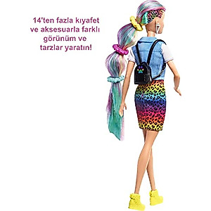 Barbie Doll Leopard Rainbow Hair with Color-Change Highlights & 16 Styling Accessories Including Clothes, Scrunchies, Brush & More