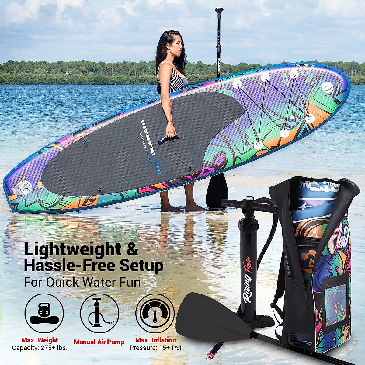 SereneLife Stand up Paddle Board Inflatable - Non-Slip SUP Paddle Board Paddle, Pump, Leash, and Accessories - Fun Water inflatable paddle board for Adults and Youth with Wide Stable Design