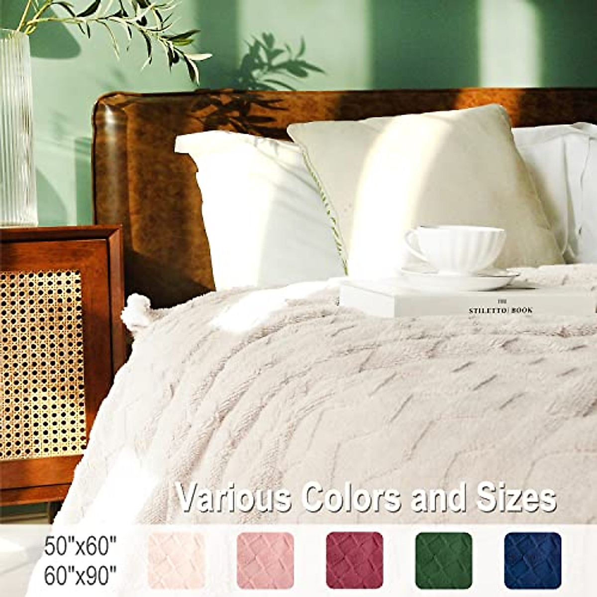 BOPRIO Throw Blanket Fuzzy Plaid Blanket for Sofa Couch or Bed, Queen Size 330GSM Luxury Fleece Soft Warm Blanket for All Seasons, 60 x 90 Inch Cream