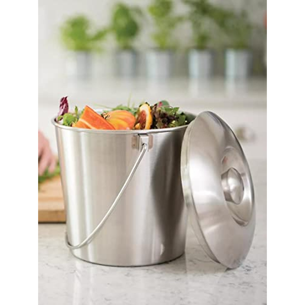 Gardener's Supply Company Brushed Stainless Steel Kitchen Compost Pail | Holds 1 Gallon of Food Scraps for Organic Indoor Composting | 7-1/4" D x 7" H