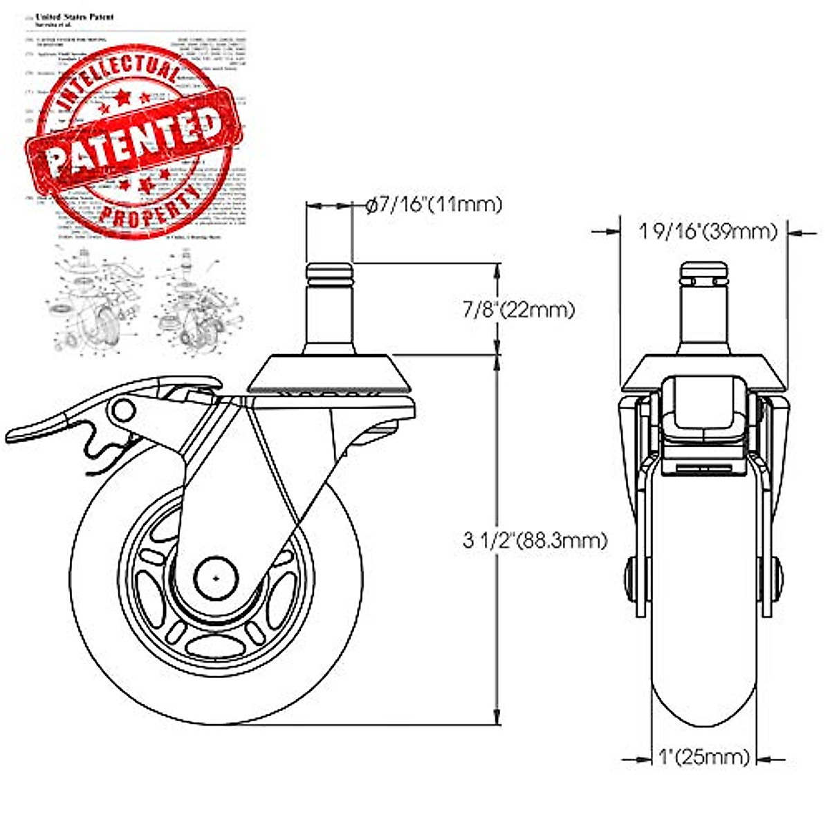 STEALTHO Patented Replacement Office Chair Caster Wheels Set of 5 - with 2 Brakes - Protect Your Floor - No More Chair Mat Needed - Blue Polyurethane - Quiet Rolling Over Cables - Standard Stem 7/16