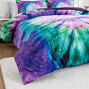 A Nice Night 6Pcs Bed in a Bag Bedding Set Tie Dye Galaxy Children Comforter Set, Psychedelic Swirl Pattern Colorful Boho, BoysGirls Quilt Sets,Purple,Full