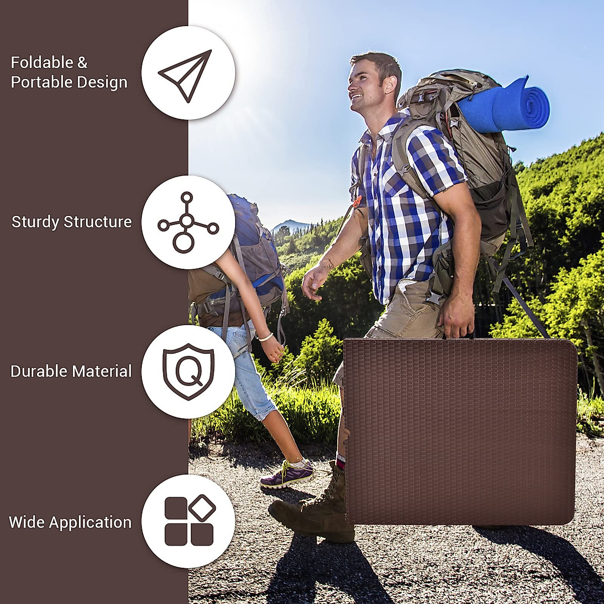 GYMAX 6FT Folding Table, Portable Lightweight Camping Table with Carry Handle, Easy Fold Up Rectangle Indoor/Outdoor Collapsible Table for Camp, Picnic, BBQ, Patio (Rattan Tabletop with Umbrella Hole)