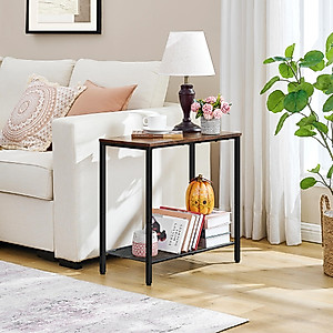 Hoctieon 2 Tier End Table, Sofa Side Table, Narrow Side Table with Storage, Slim Nightstand for Small Spaces, Metal Frame, for Living Room, Bedroom, Sofa Couch, Hall, Rustic Brown, 2 Set
