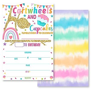 Grace Yonks Cartwheels and Cupcakes Birthday invitation, Gymnastics Party invite, Tumbling Birthday, 20 Invitations and Envelopes, Birthday party Invitations, Birthday Party Supplies.(024)