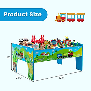 Costzon Train Table with 100 Multicolor Pieces, Wooden Kids Activity Table with Large Rolling Storage Drawer, Tracks, Cars, DIY Design, Train Set Table for Toddlers 3+, Gift for Boys Girls