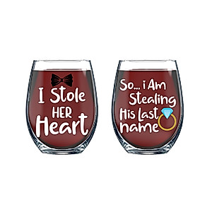 I Stole Her Heart So I'm Stealing - 15oz Wine Glass Set of 2 Fiance Fiancee Funny Wedding Engagement Gifts Idea for Husband Wife Bride Groom Mr and Mrs His and Hers Anniversary Couple - By Funnwear