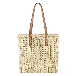 ZLM BAG US Women Straw Crochet Tote Bohemian Summer Beach Bag Large Handmade Shoulder Bag (Beige)