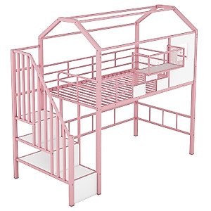 Twin Size House Loft Bed with Stairs and Storage, Heavy-Duty Metal Princess Loft Bed Frame with Storage Box and Safety Rail for Girls Kids Teens, Pink