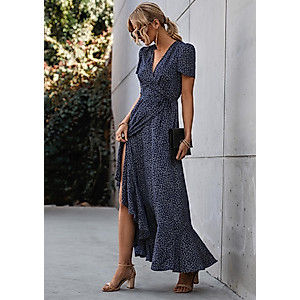 PRETTYGARDEN Women&#039;s Summer Wrap Maxi Dress Casual Boho Floral V Neck Short Sleeve Ruffle Hem Split Beach Long Dresses (Blue,X-Large)