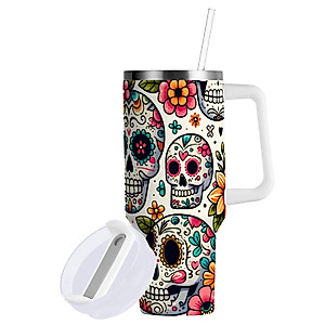 ALAZA Sugar Skull Day Of Dead Flower 40 oz Tumbler Stainless Steel Water Bottle Vacuum Insulated Cup with Straw Lid & Handle For Travel Car Cup Holder