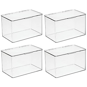 mDesign Small Plastic Home Office Storage Organizer Box Containers with Hinged Lid for Desktops - Holds Pens, Pencils, Sticky Notes, Highlighters, Staples, Supplies - Lumiere Collection, 4 Pack, Clear