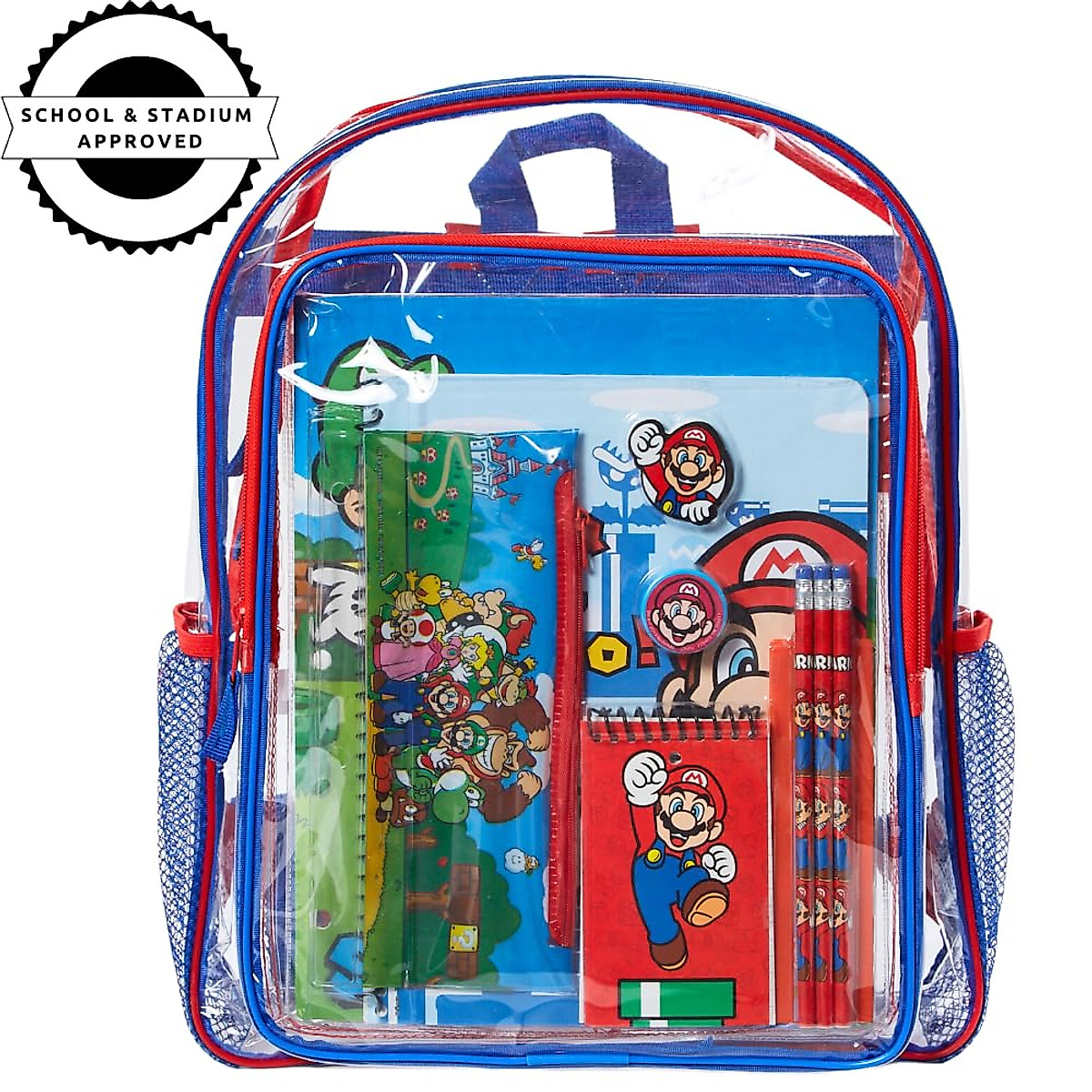 Large Clear Backpack for Kids with Super Mario Bros School Supplies Set, 16 inch Stadium Approved Transparent Bag, Red and Blue