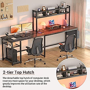 Aheaplus L Shaped Desk with Power Outlet & LED Strip, Reversible L-Shaped Corner Computer Desks Gaming Desk with Storage Shelf & Monitor Stand, Modern 2 Person Home Office Desk Writing Desk, Grey Oak