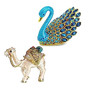 YU FENG Hand Painted Enameled Swan And Cute Camel Animal Trinket Jewelry Box