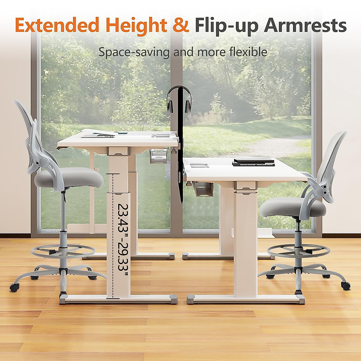 Drafting Chair, Tall Office Chair Tall Standing Desk Chair Counter Height Adjustable Office Chair for Standing Desk, Mid-back Mesh Drafting Chair with Flip-up Arms, Foot-ring, Wheels, Grey