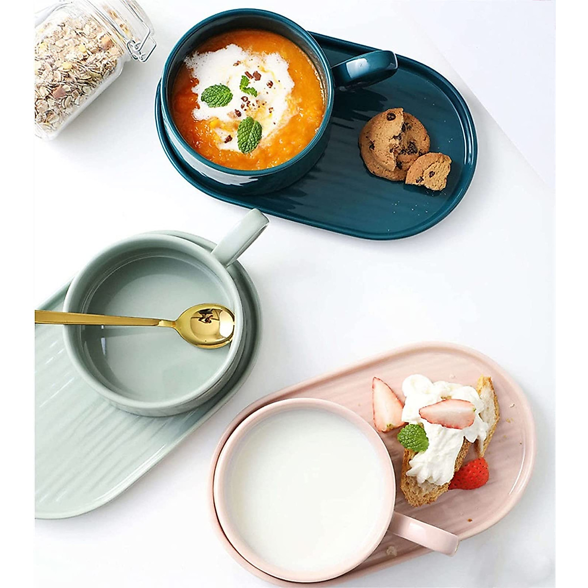 Ceramic Breakfast Bowls Set for Oatmeal, Bread, Soup Bowl and Sandwich Plate, French Onion Soup with Handle, Oven Safe (Color : Dark Green)