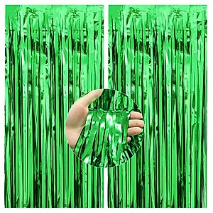 2 Pack 3.3x8.2 ft Green Foil Fringe Curtains Backdrop, Tinsel Curtain Backdrop, Streamer Backdrop for Birthday Party, Graduation and Most Common Holiday Party Decorations. by TOPPOT