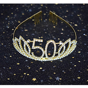 Dgasin 50th Birthday Tiara and Sash Happy 50th Birthday Party Supplies 50 Fabulous Black Glitter Satin Sash and Crystal Tiara Princess Birthday Crown for Women 50th Birthday Party Decorations